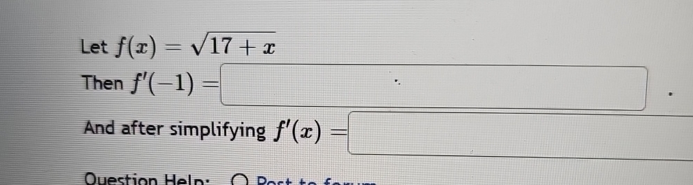 Solved Let f(x)=17+x2Then f'(-1)=And after simplifying | Chegg.com