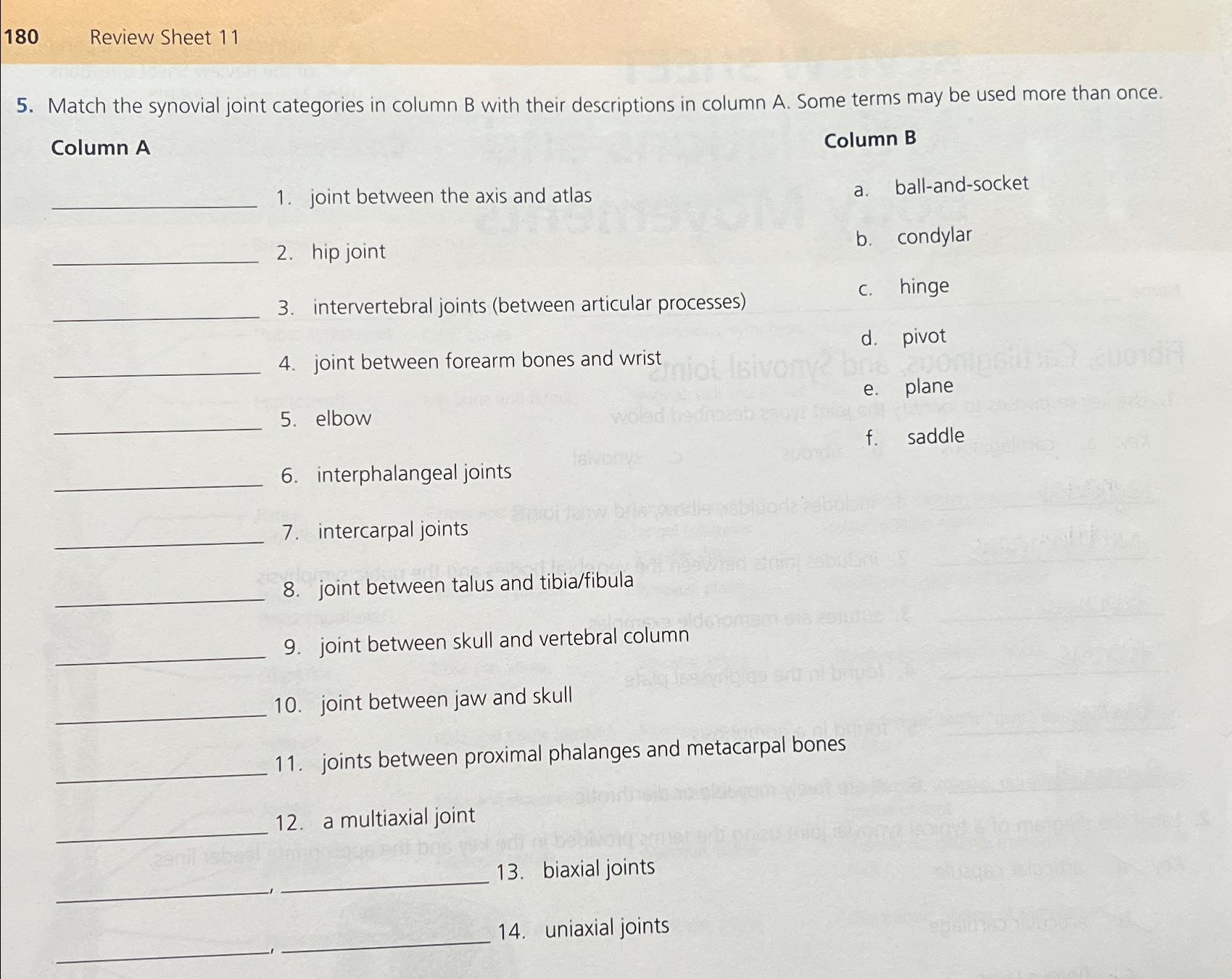 180Review Sheet 115. ﻿Match the synovial joint | Chegg.com