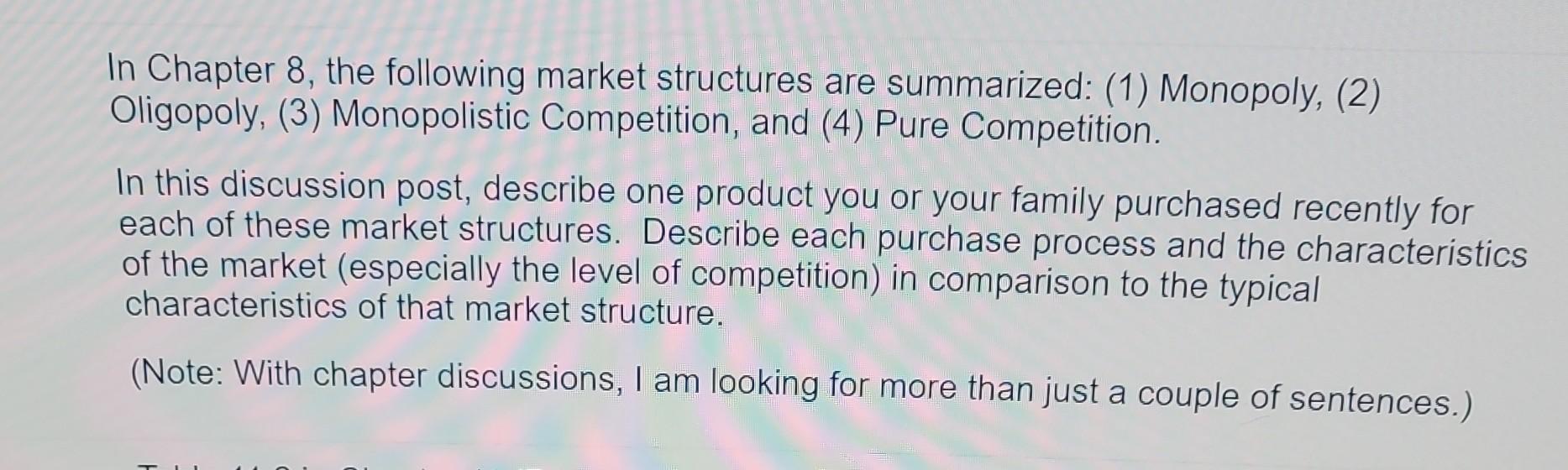 Solved In Chapter 8, the following market structures are | Chegg.com