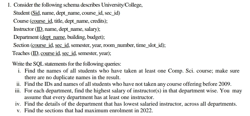 Solved by an EXPERT Consider the following schema describes | Chegg.com