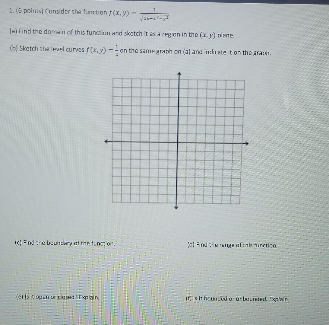 Solved 1. (6 points) Consider the function f(x,y)=16−x2−y21 | Chegg.com
