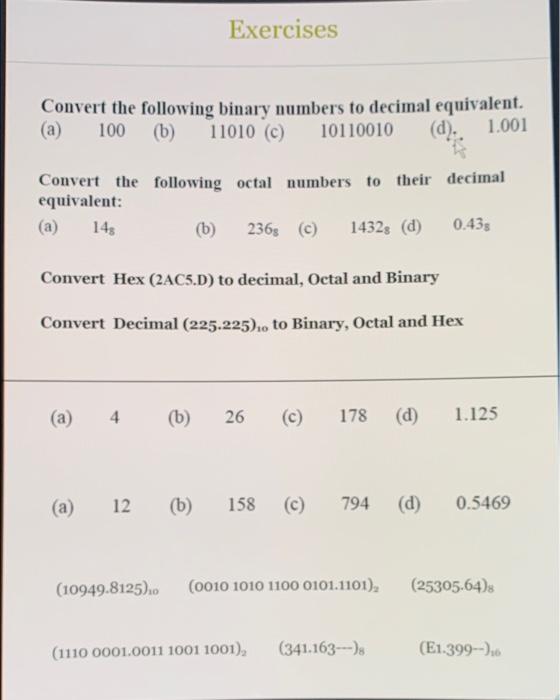 Solved Exercises Convert the following binary numbers to | Chegg.com