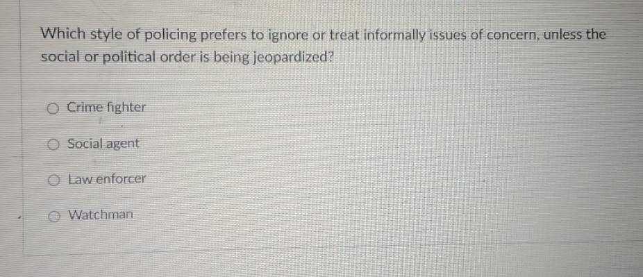 Solved Which style of policing prefers to ignore or treat | Chegg.com