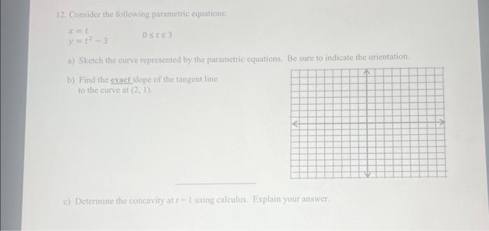 Solved 12. Consider the following parametric equations: | Chegg.com