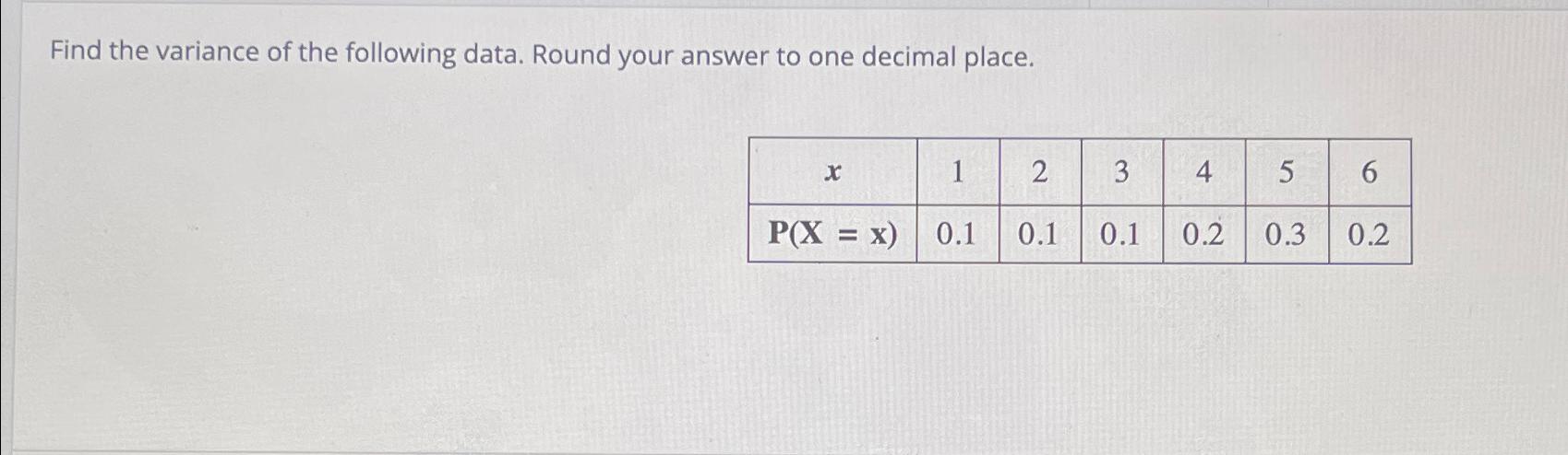 Solved Find the variance of the following data. Round your | Chegg.com