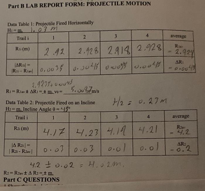 Solved Part B LAB REPORT FORM: PROJECTILE MOTION Data Table | Chegg.com