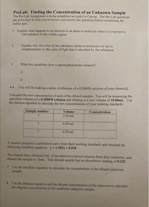 Solved PreLab: Finding the Concentration of an Unknown | Chegg.com