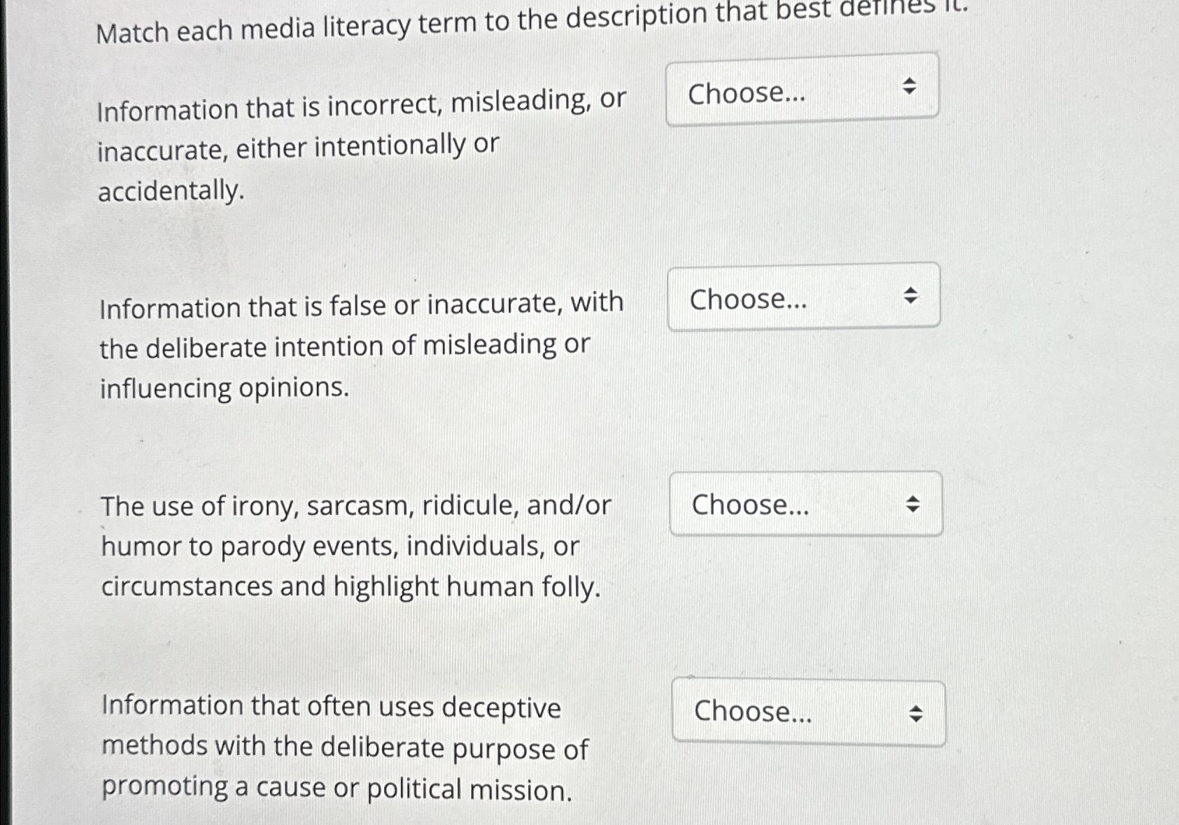 Solved Match each media literacy term to the description | Chegg.com