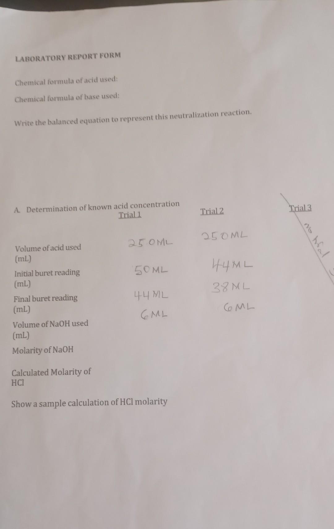 LABORATORY REPORT FORM Chemical formula of acid used: | Chegg.com