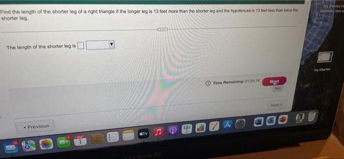Solved Find the length of the shorter leg of a right | Chegg.com