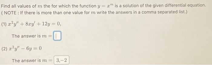 Find all values of m the for which the function y=xm | Chegg.com