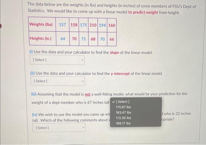 Solved The data below are the weights (in Ibs) and heights | Chegg.com