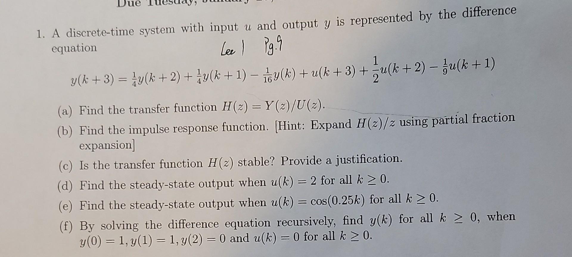 Solved + 1. A discrete-time system with input u and output y | Chegg.com