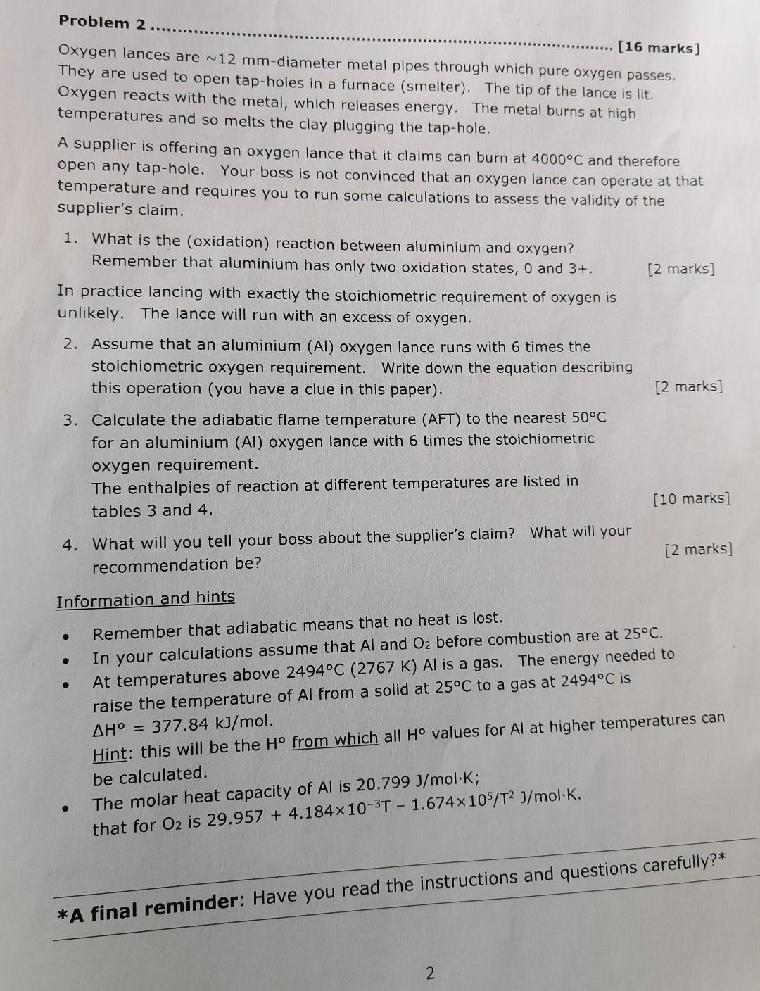 Solved Problem 2. [16 marks] Oxygen lances are ~12 | Chegg.com