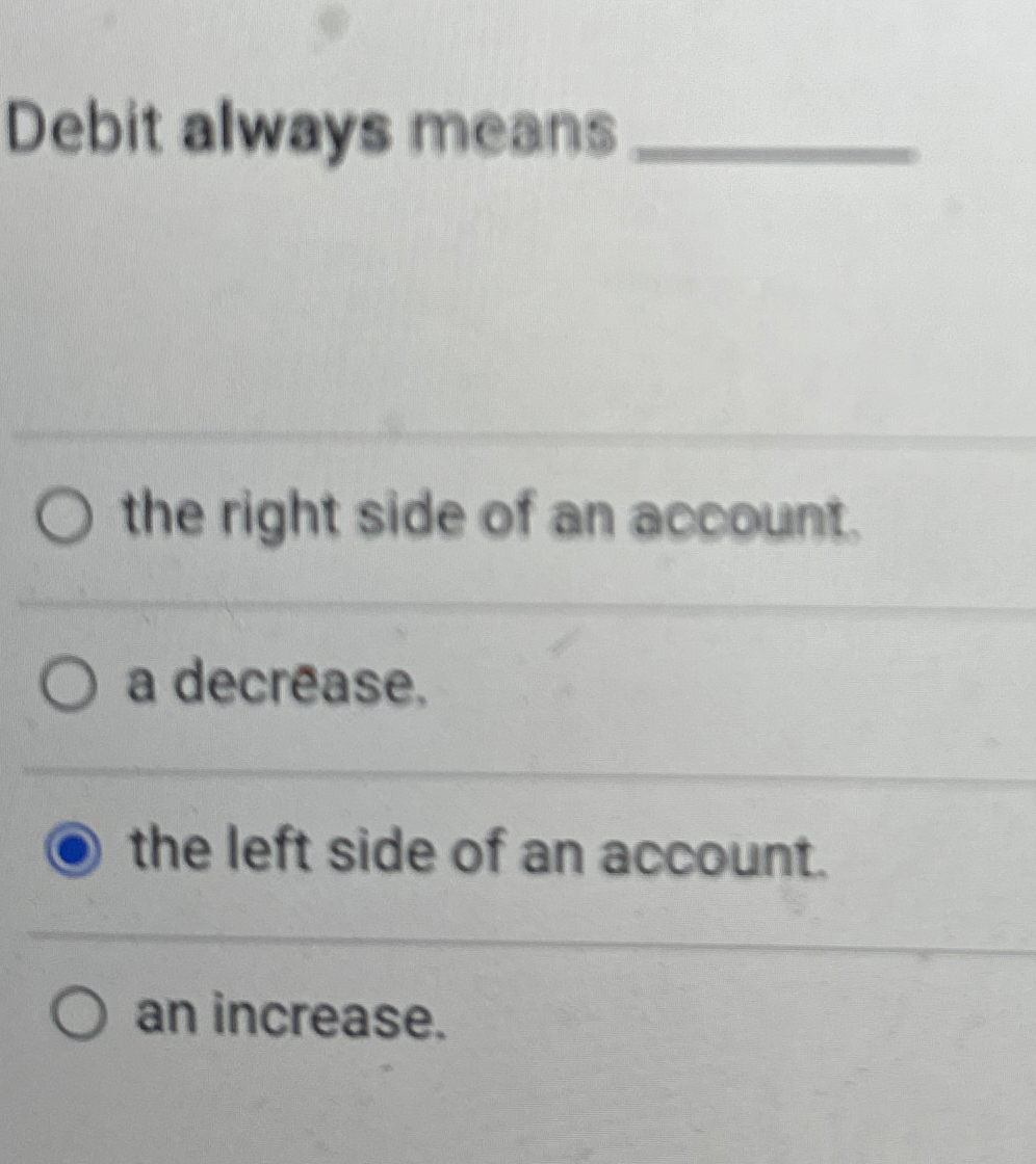 Solved Debit always means q,the right side of an acoount.a | Chegg.com