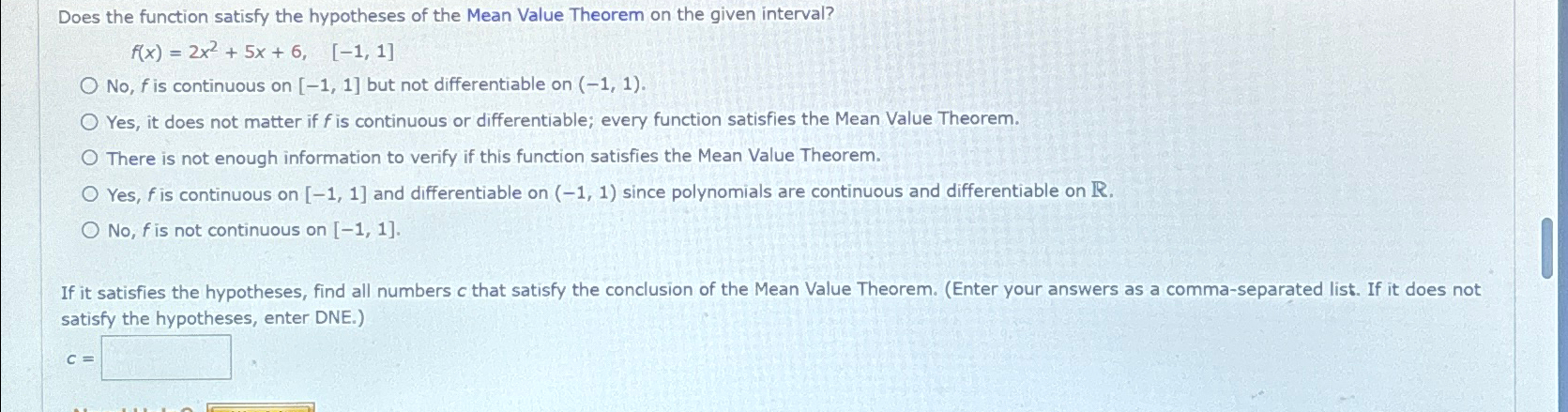 Solved Does the function satisfy the hypotheses of the Mean | Chegg.com