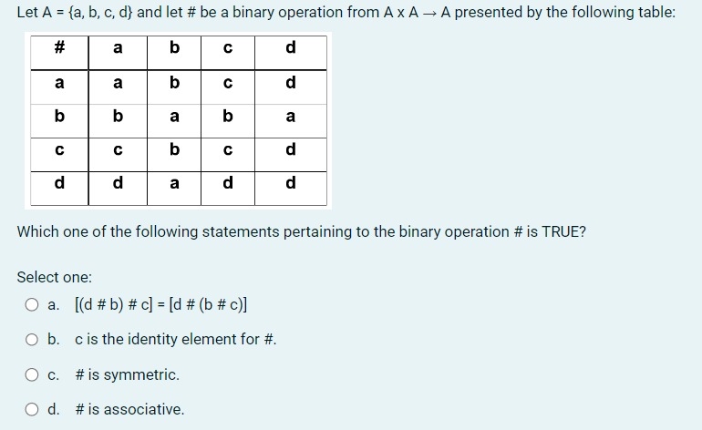 Solved Let A={a,b,c,d} ﻿and let # be a binary operation from | Chegg.com