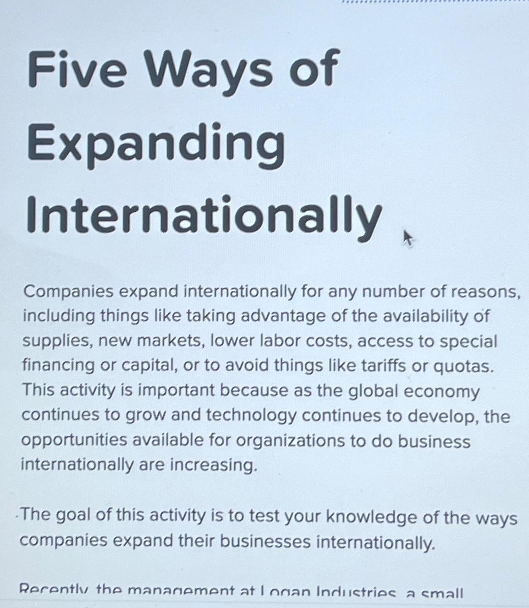 Solved Five Ways ofExpandingInternationallyCompanies expand | Chegg.com