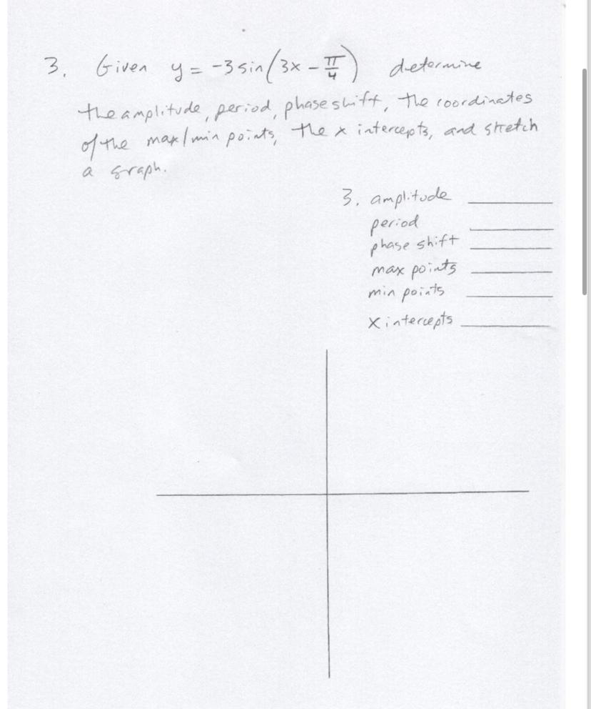 Solved Given y=-3sin(3x-π4) ﻿determinethe amplitude, period, | Chegg.com