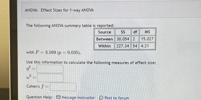 Solved ANOVA: Effect Sizes for 1 -way ANOVA You obtain the | Chegg.com