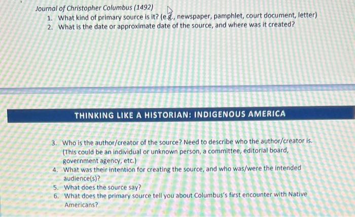 Journal of Christopher Columbus (1492) 1. What kind | Chegg.com