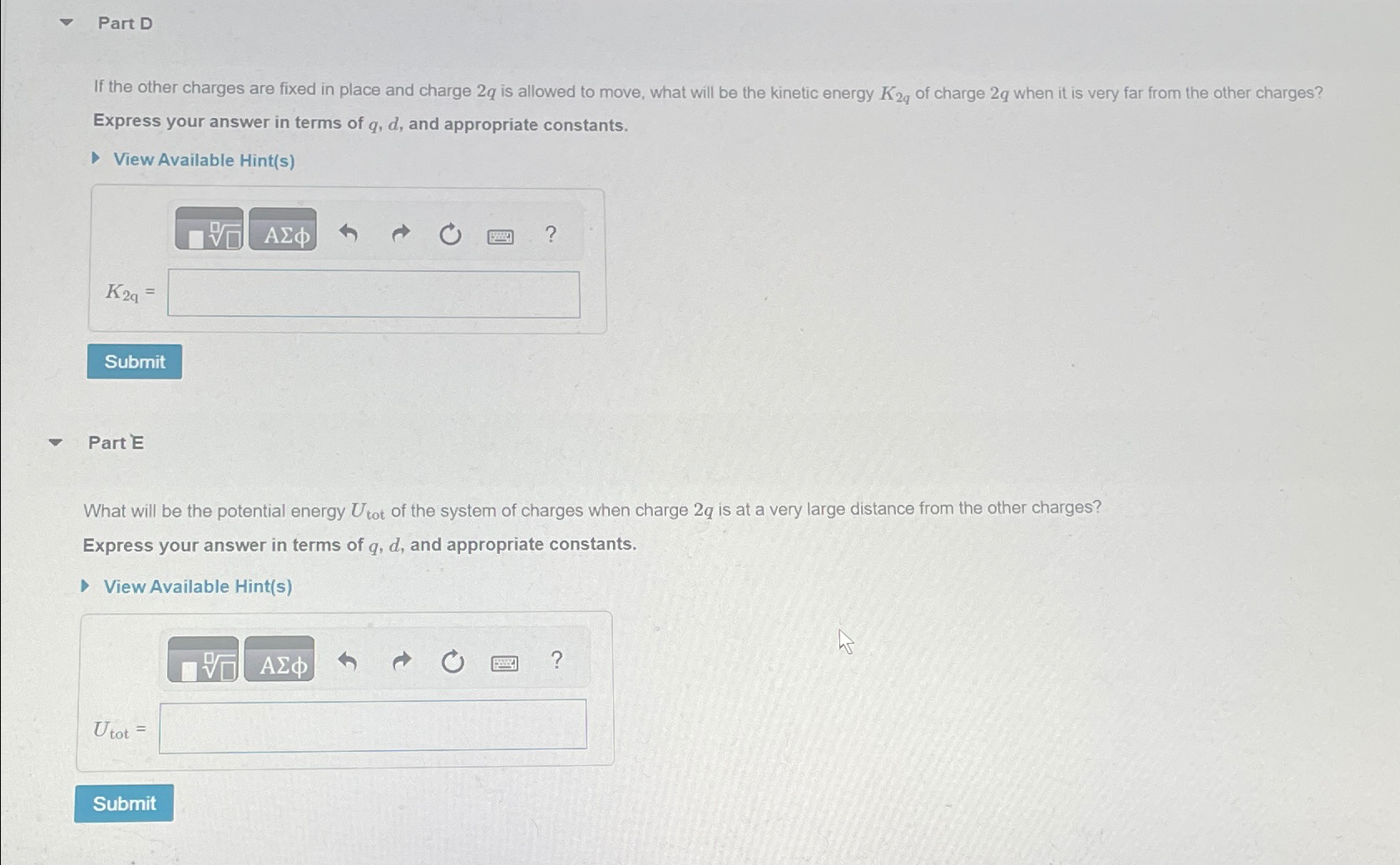 Solved Part D\\nIf the other charges are fixed in place and | Chegg.com