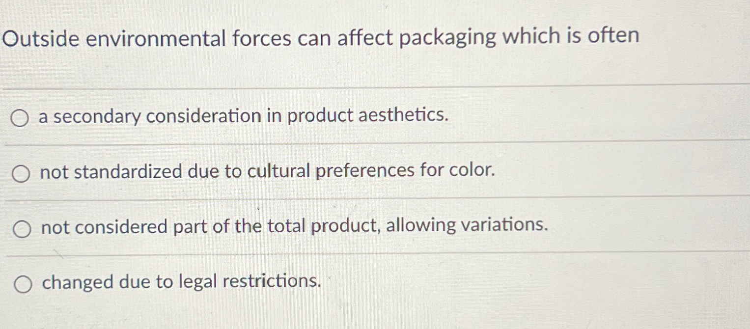 Solved Outside environmental forces can affect packaging | Chegg.com