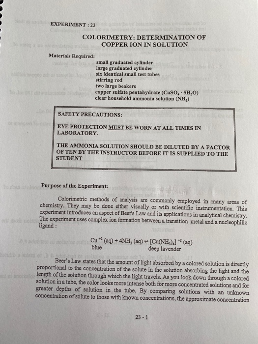 EXPERIMENT : 23 COLORIMETRY: DETERMINATION OF COPPER | Chegg.com