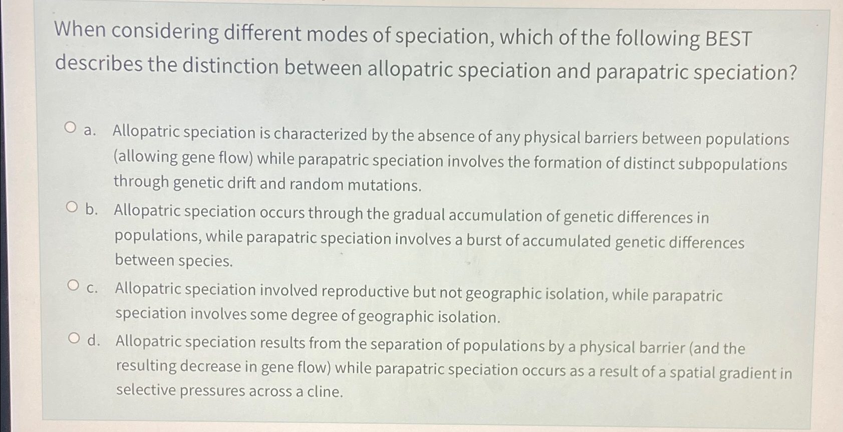 Solved When considering different modes of speciation, which | Chegg.com