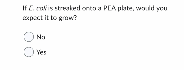 Solved If E. ﻿coli is streaked onto a PEA plate, would you | Chegg.com