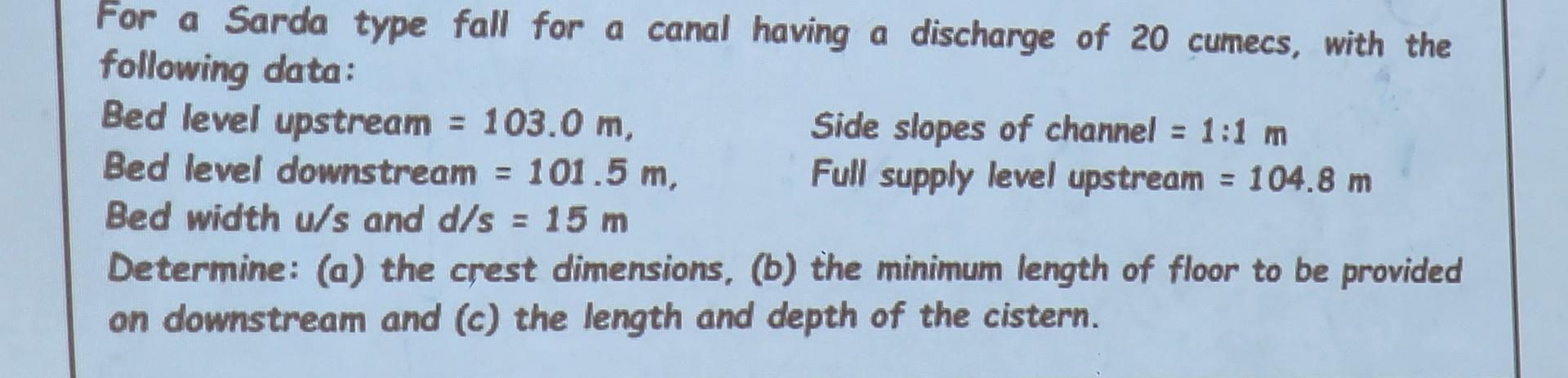 Solved For a Sarda type fall for a canal having a discharge | Chegg.com
