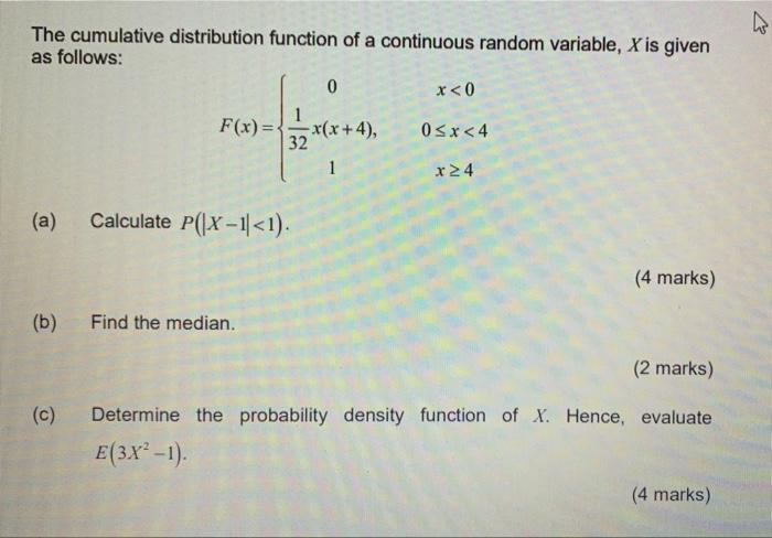 Solved The cumulative distribution function of a continuous | Chegg.com