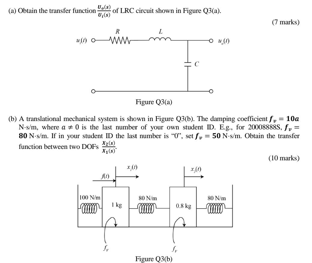 Solved (a) Obtain the transfer function U.(s) of LRC circuit | Chegg.com