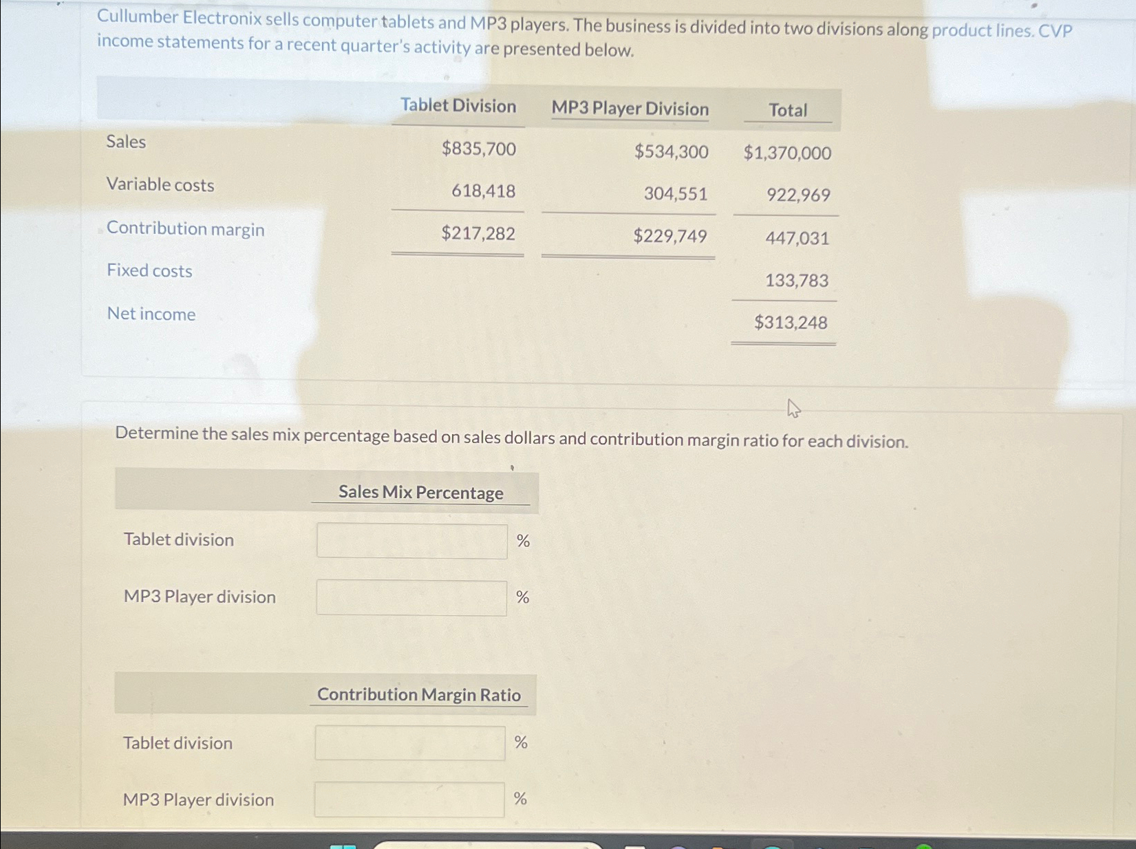 Solved Cullumber Electronix sells computer tablets and MP3 | Chegg.com