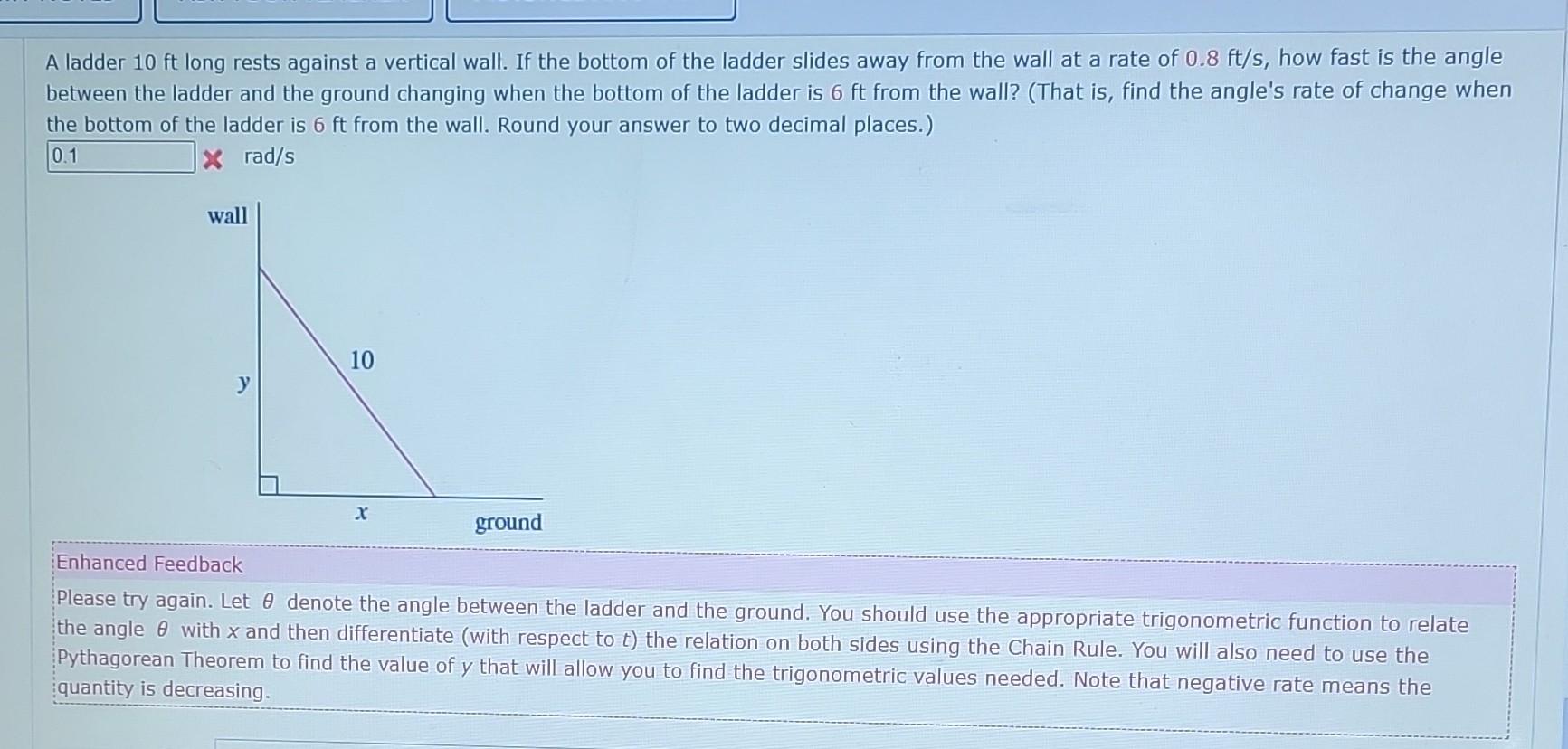 Solved A ladder 10ft long rests against a vertical wall. If | Chegg.com