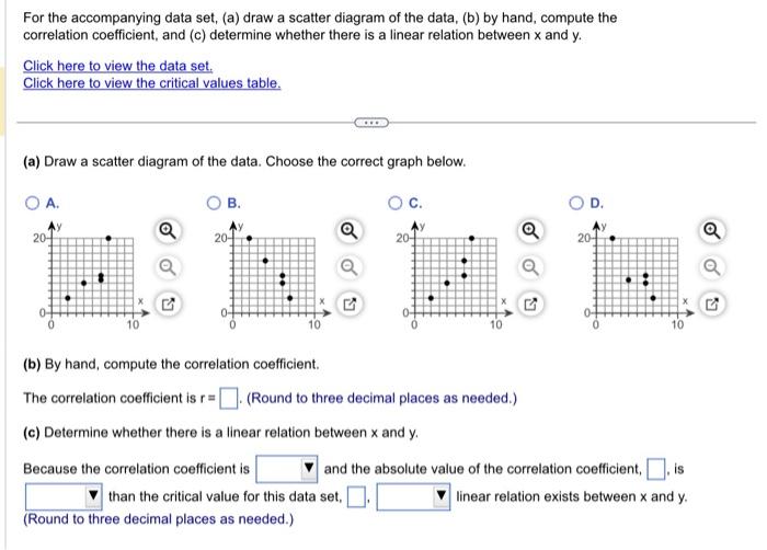 Solved For the accompanying data set, (a) draw a scatter | Chegg.com