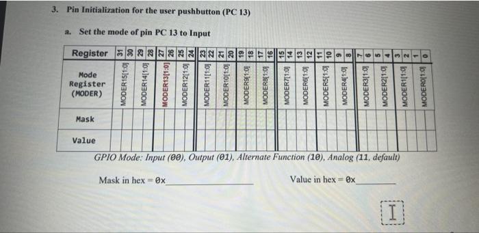 Solved 3. Pin Initialization for the user pushbutton (PC 13) | Chegg.com