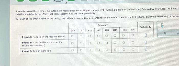 Solved A coin is tossed three times. An outcome is | Chegg.com