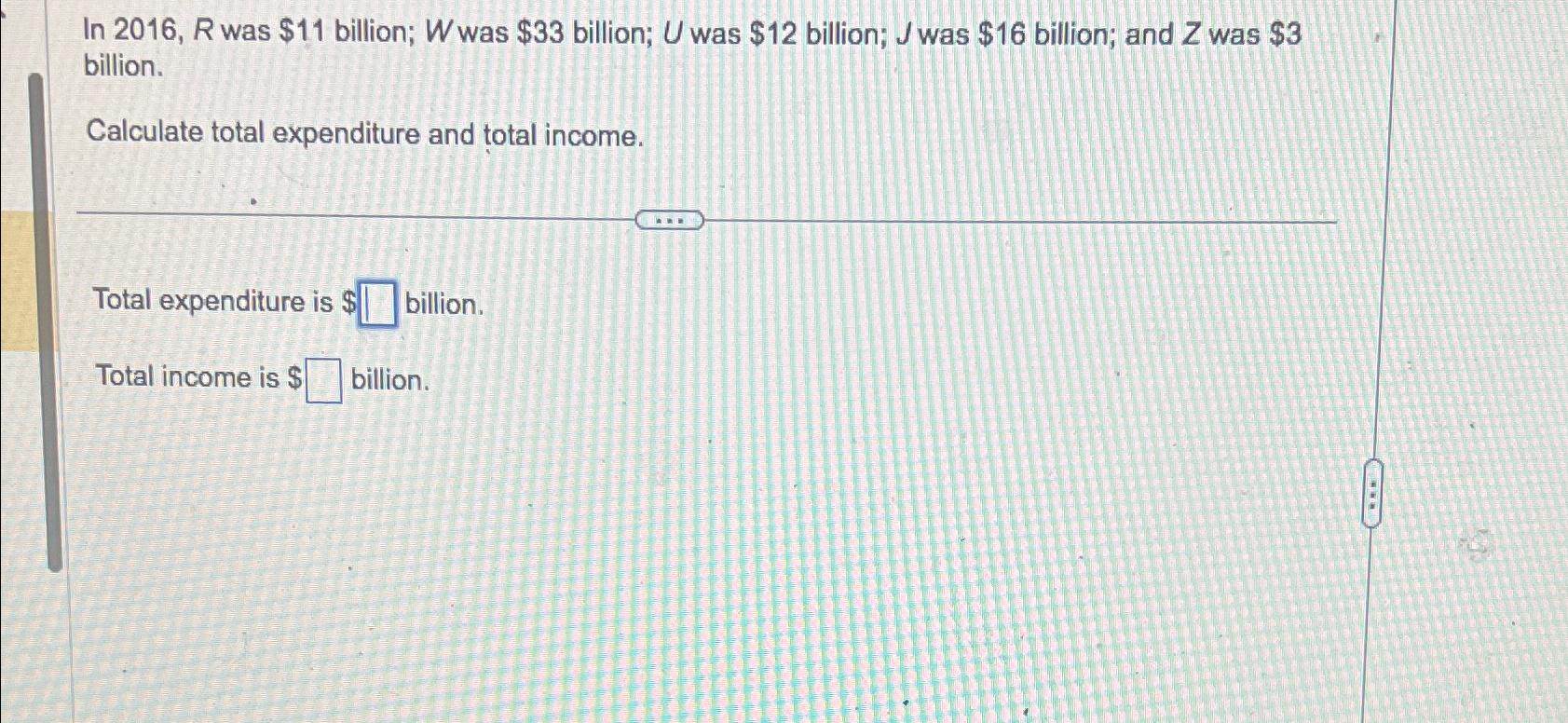 Solved In 2016,R ﻿was $11 ﻿billion; W ﻿was $33 ﻿billion; U | Chegg.com