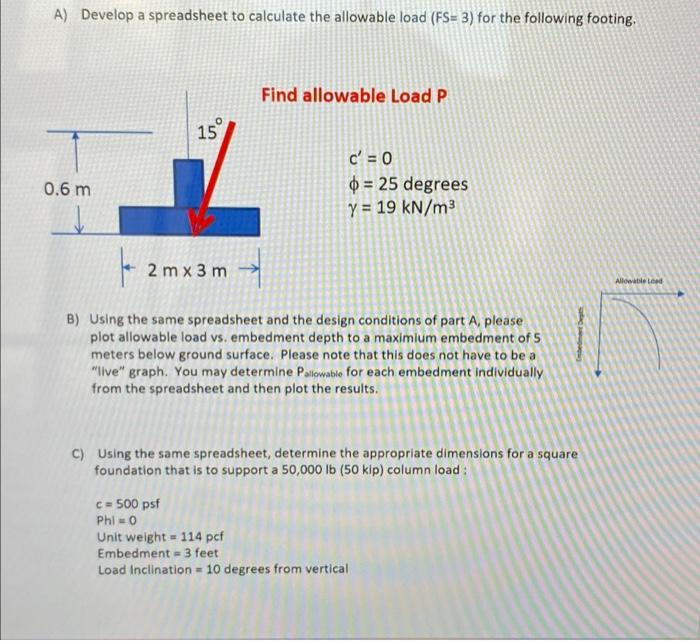 Solved A) Develop a spreadsheet to calculate the allowable | Chegg.com
