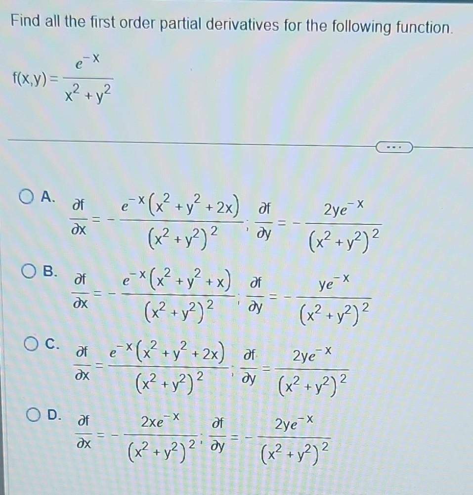 Solved Find all the first order partial derivatives for the | Chegg.com
