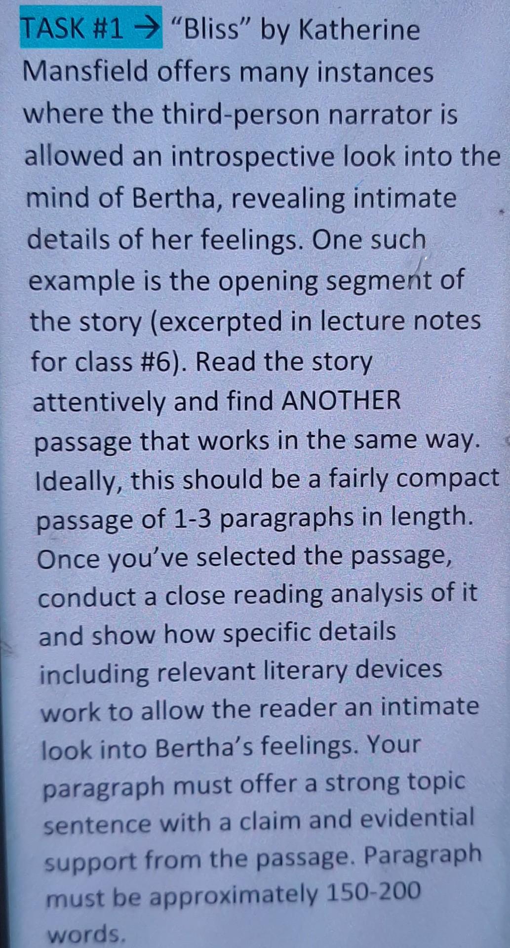 TASK #1 "Bliss" by Katherine Mansfield offers many | Chegg.com