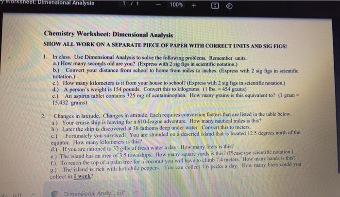 Solved Worksheet: Dimensional Analysis 1 / 1 100% + ☺ | Chegg.com