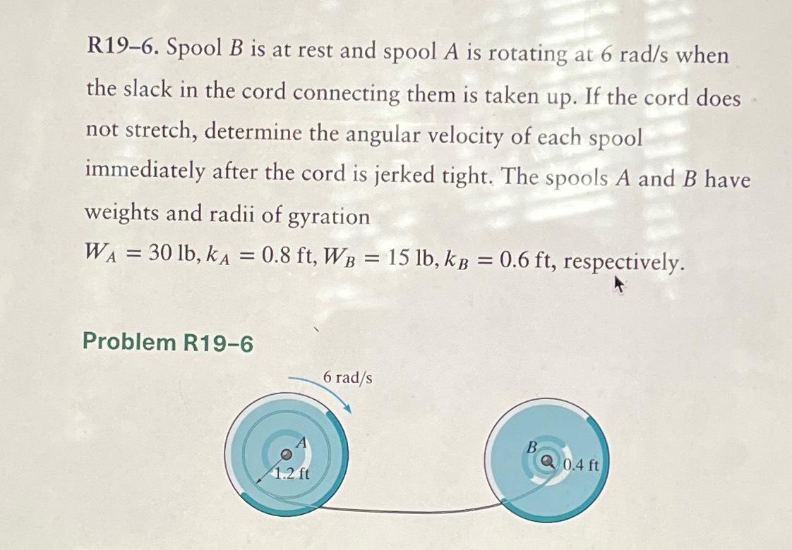 Solved R19-6. ﻿Spool B ﻿is at rest and spool A ﻿is rotating | Chegg.com