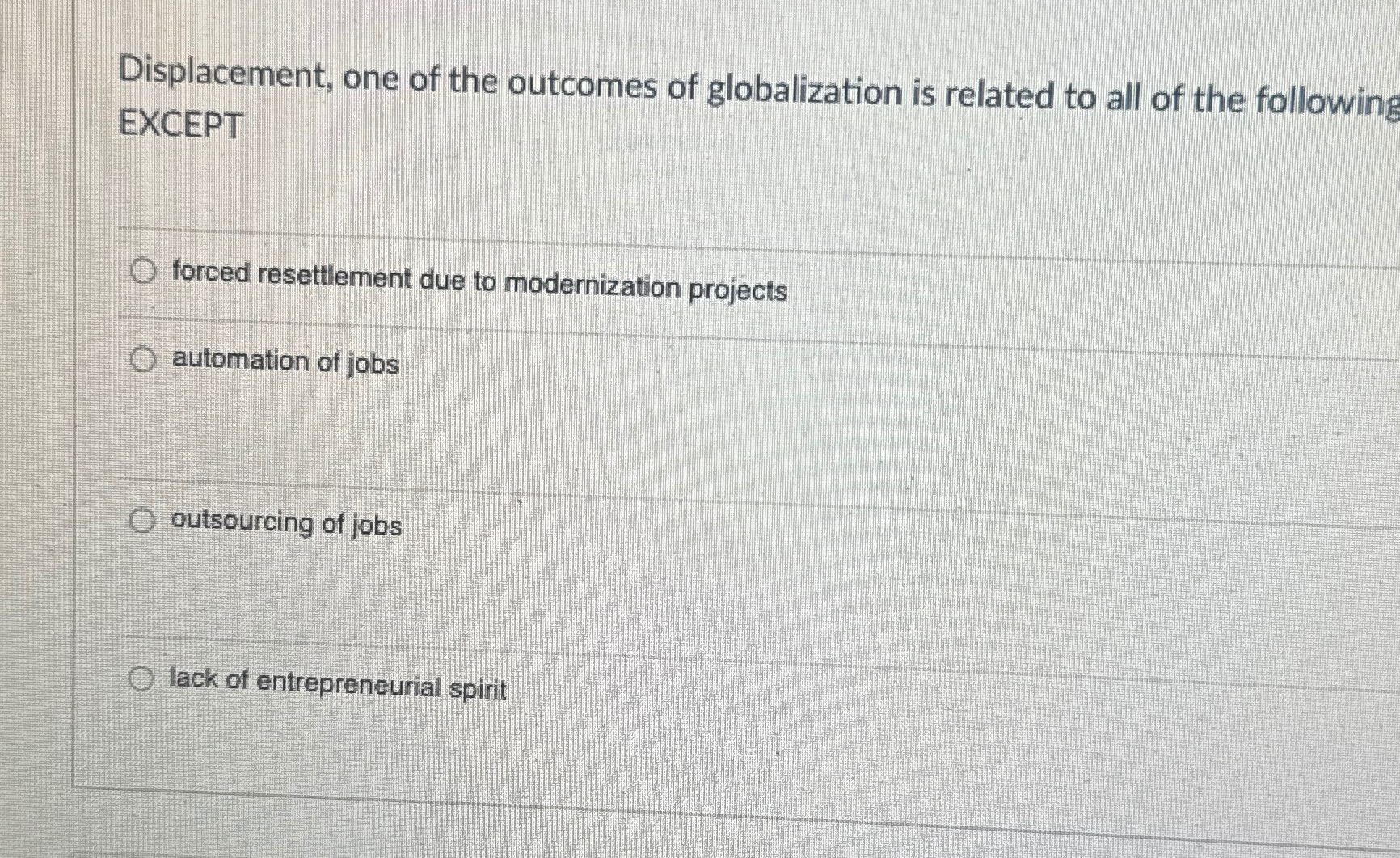 Solved Displacement, one of the outcomes of globalization is | Chegg.com
