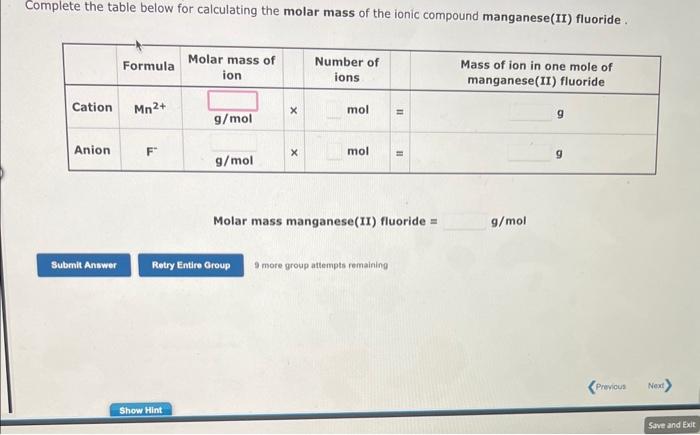 Solved Complete the table below for calculating the molar | Chegg.com