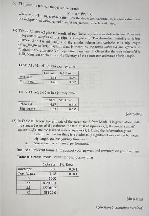 Solved 5. The linear regression model can be written y = a + | Chegg.com