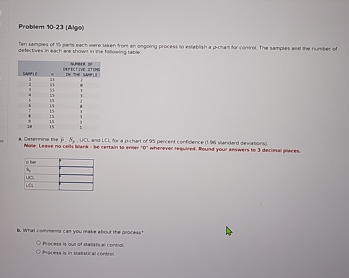 Solved Problem 10-23 (Algo)Ten samples of 15 ﻿parts each | Chegg.com