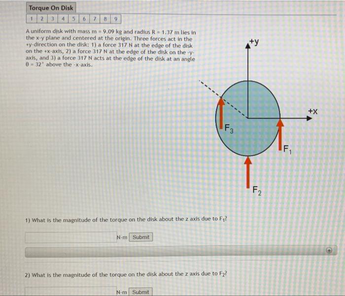 Solved 9 Torque On Disk 1 2 3 4 5 6 7 8 A uniform disk with | Chegg.com