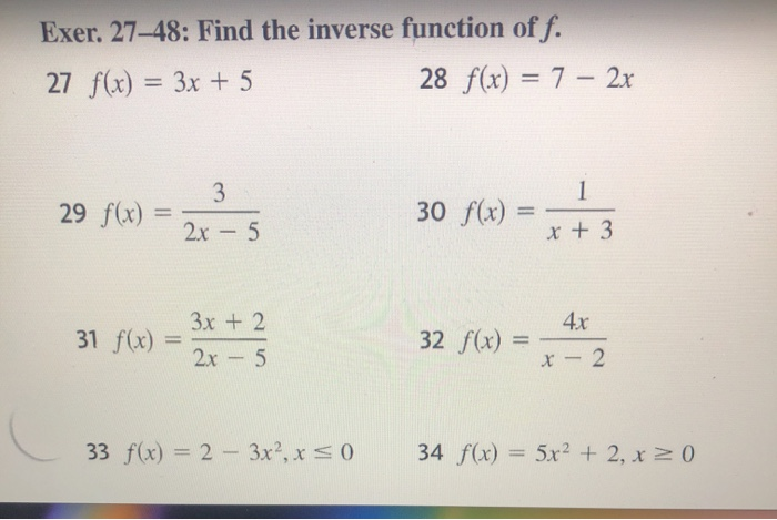 Solved Exer. 27–48: Find the inverse function of f. 27 f(x) | Chegg.com Solved Exer. 27–48: Find the inverse function of f. 27 f(x) | Chegg.com